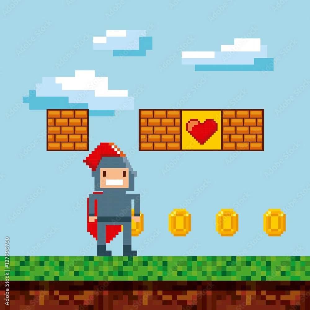pixel knight character with gold coins over landscape background. video ...