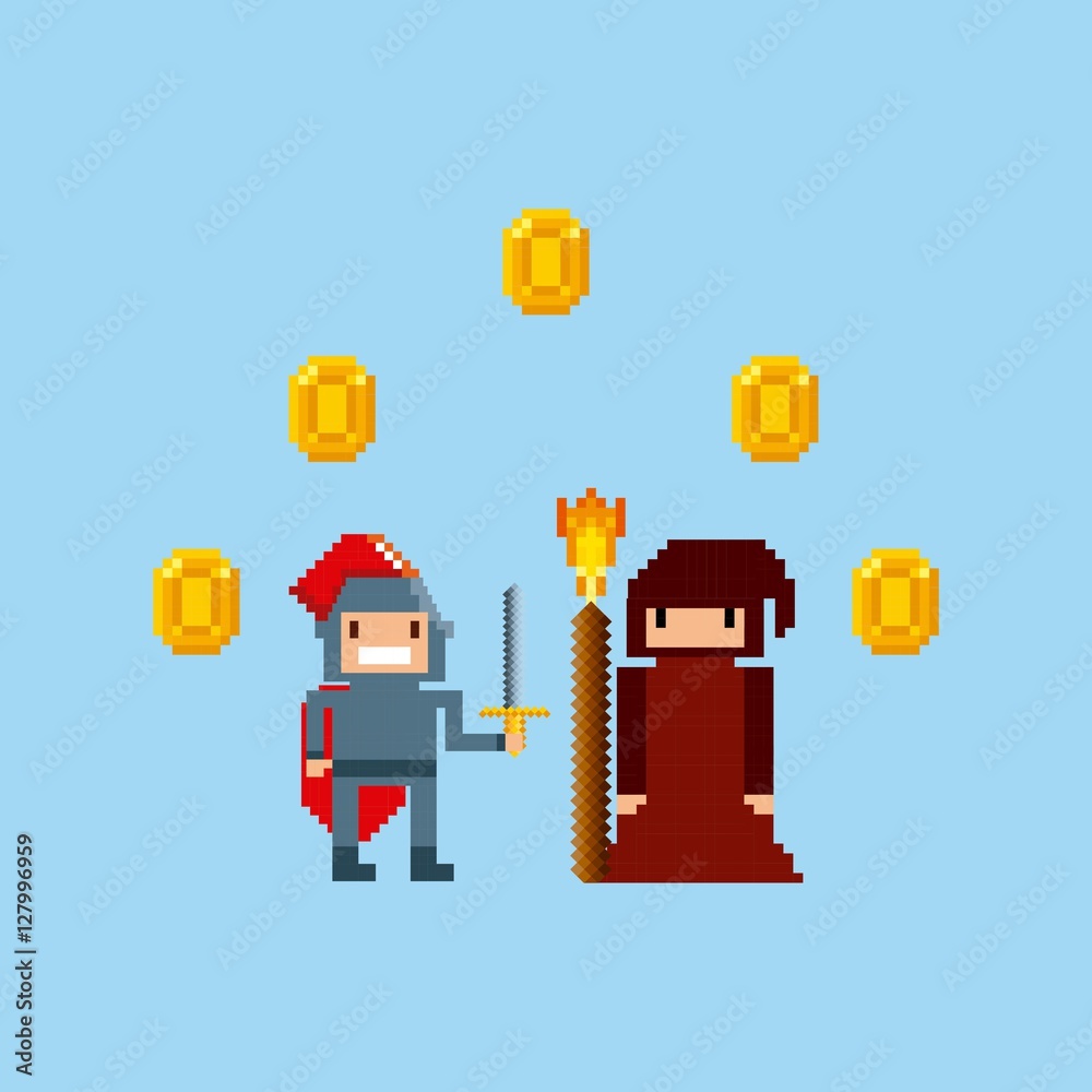 pixel knight character with sword and gold coins over blue background ...