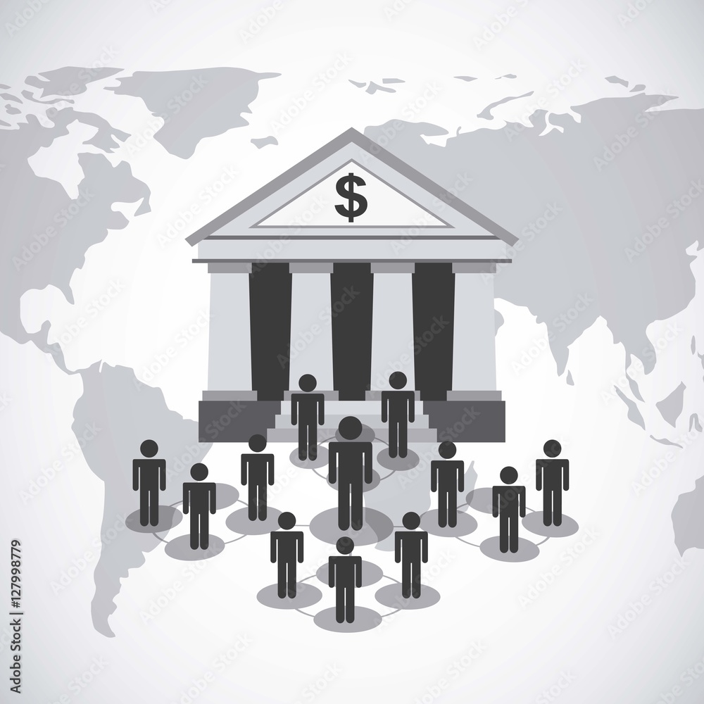bank icon and people around over world background. vector illustration ...