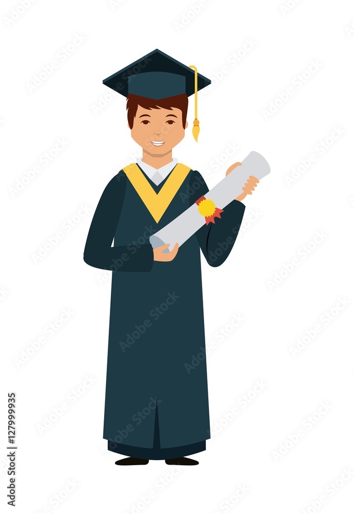 cartoon graduate man holding a diploma over white background. colorful ...