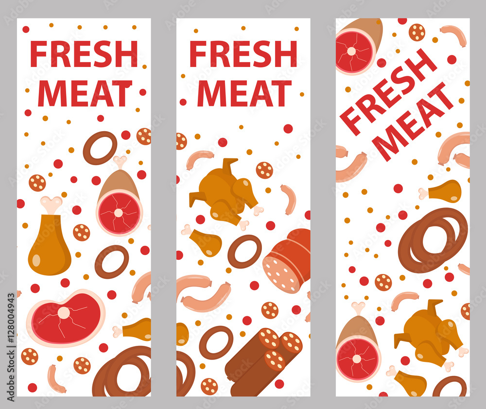 Vecteur Stock Meat banner set, flat style. Fresh meat vertical banner ...