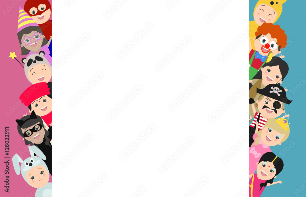 Background with children in carnival costumes. Looks out on both sides ...