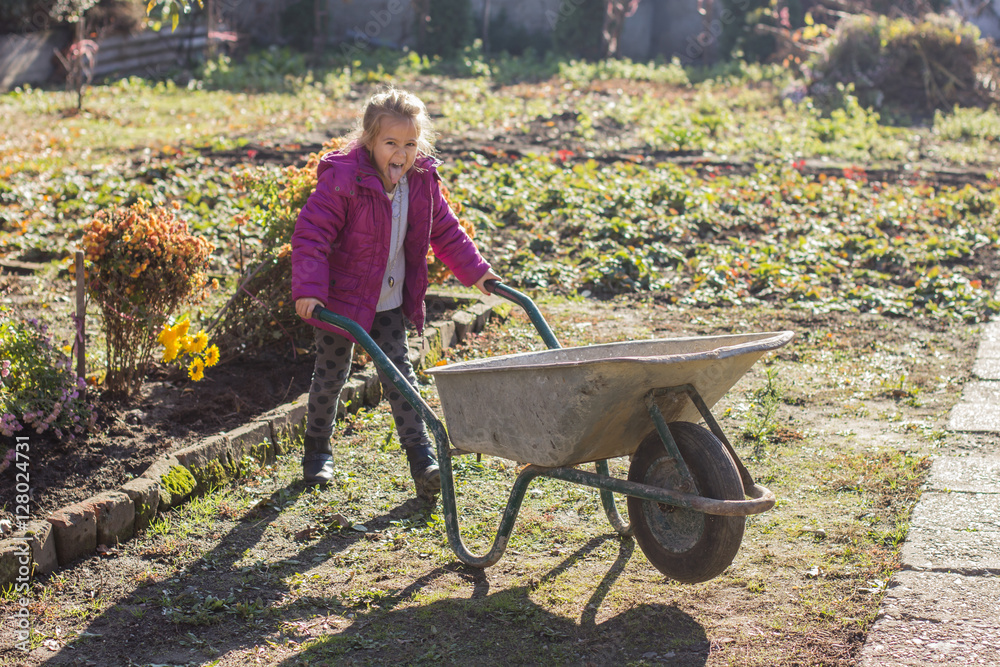 Happy little girl sitting in wheelbarrow Stock Photo | Adobe Stock