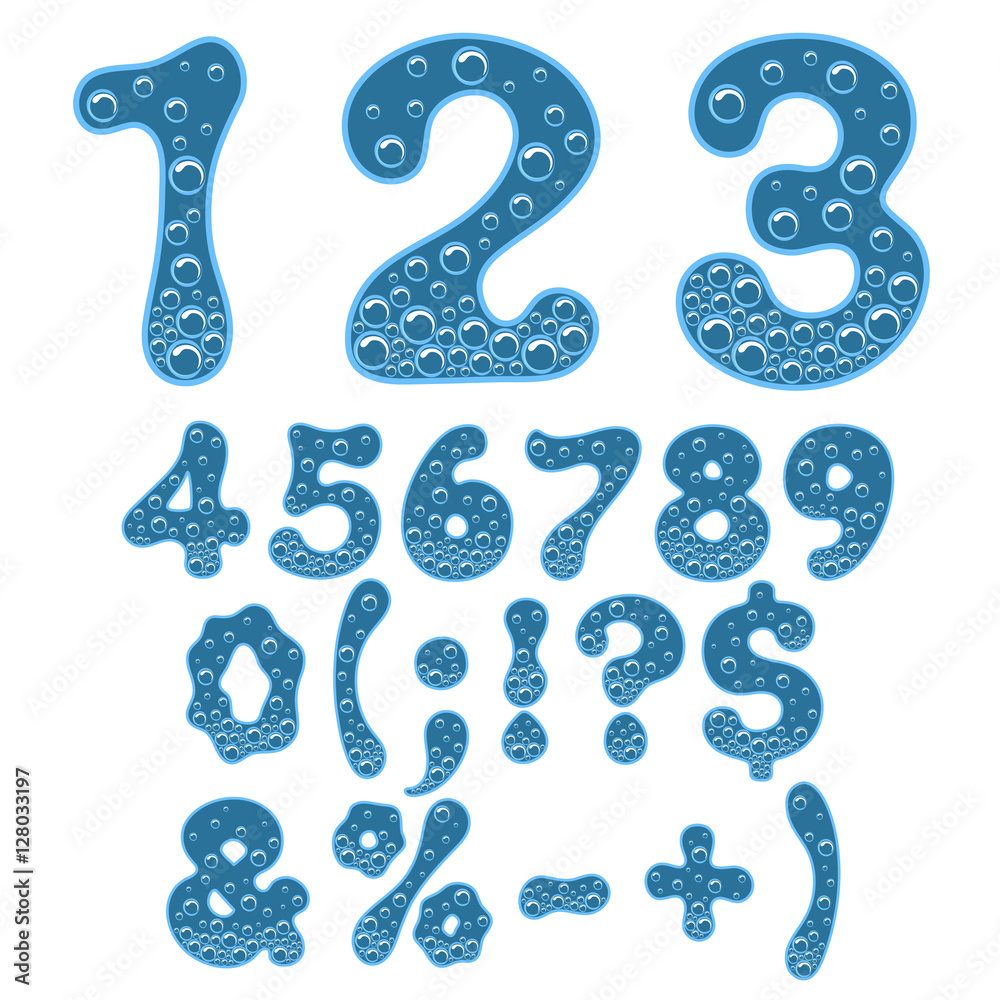 Numbers and symbols of sparkling water. Vector isolated objects. Stock ...