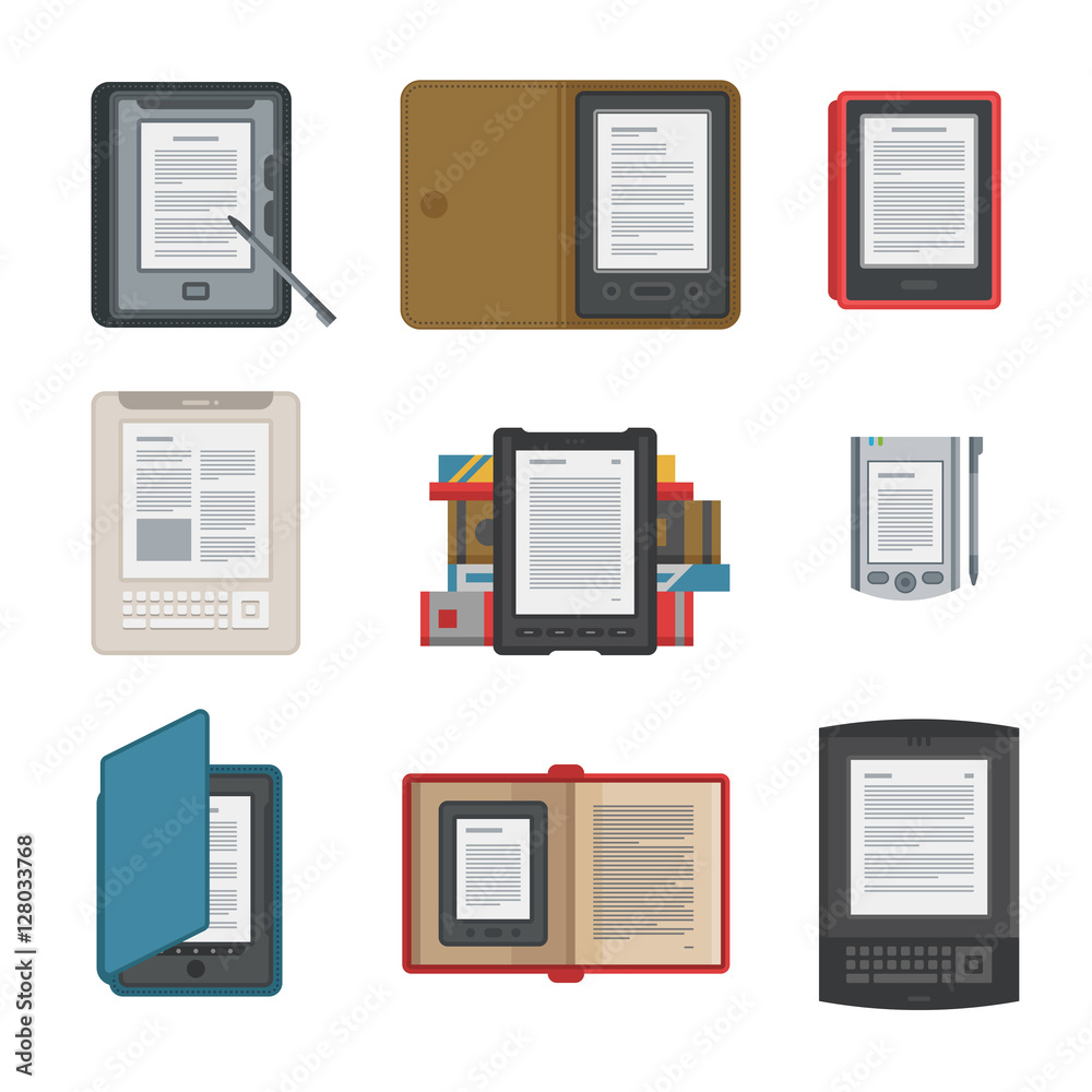 Collection of tablet computer books for reading. Modern devices with ...