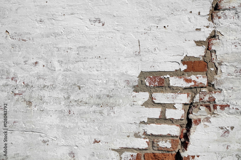Red Brick Wall With White Damaged Cracked Plaster Texture Backgr Stock ...