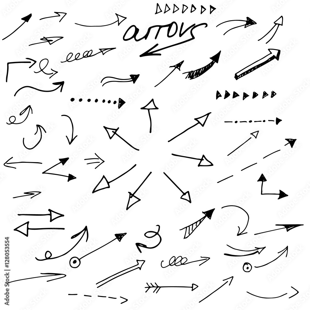 Hand draw pen arrow. Sketch design concept arrow.Set arrow isolated ...