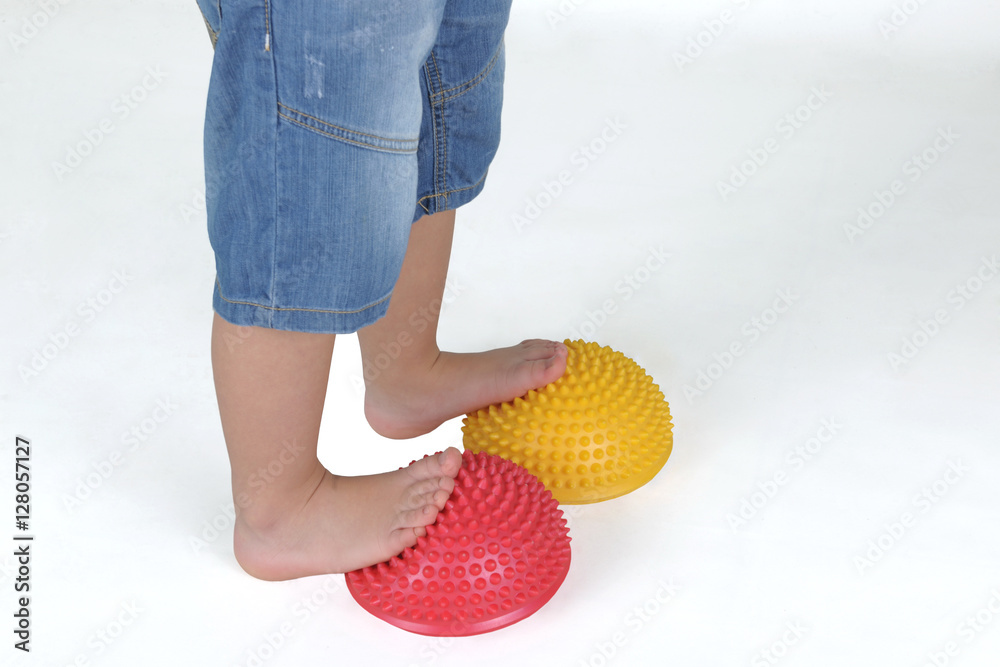 Corrective exercises for children with flat feet on white background ...