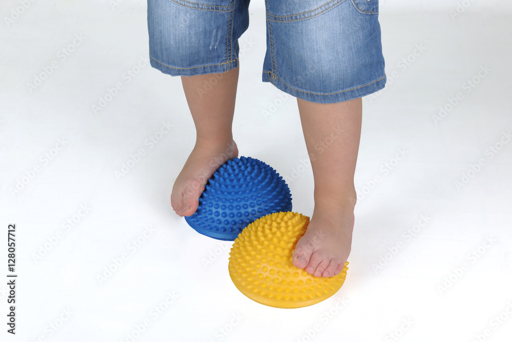 Corrective exercises for children with flat feet on white background ...