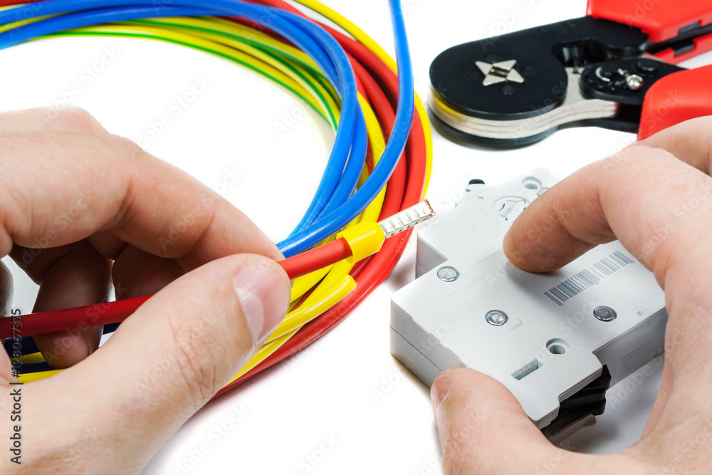 Connect the circuit breaker to the power cable on a white background ...