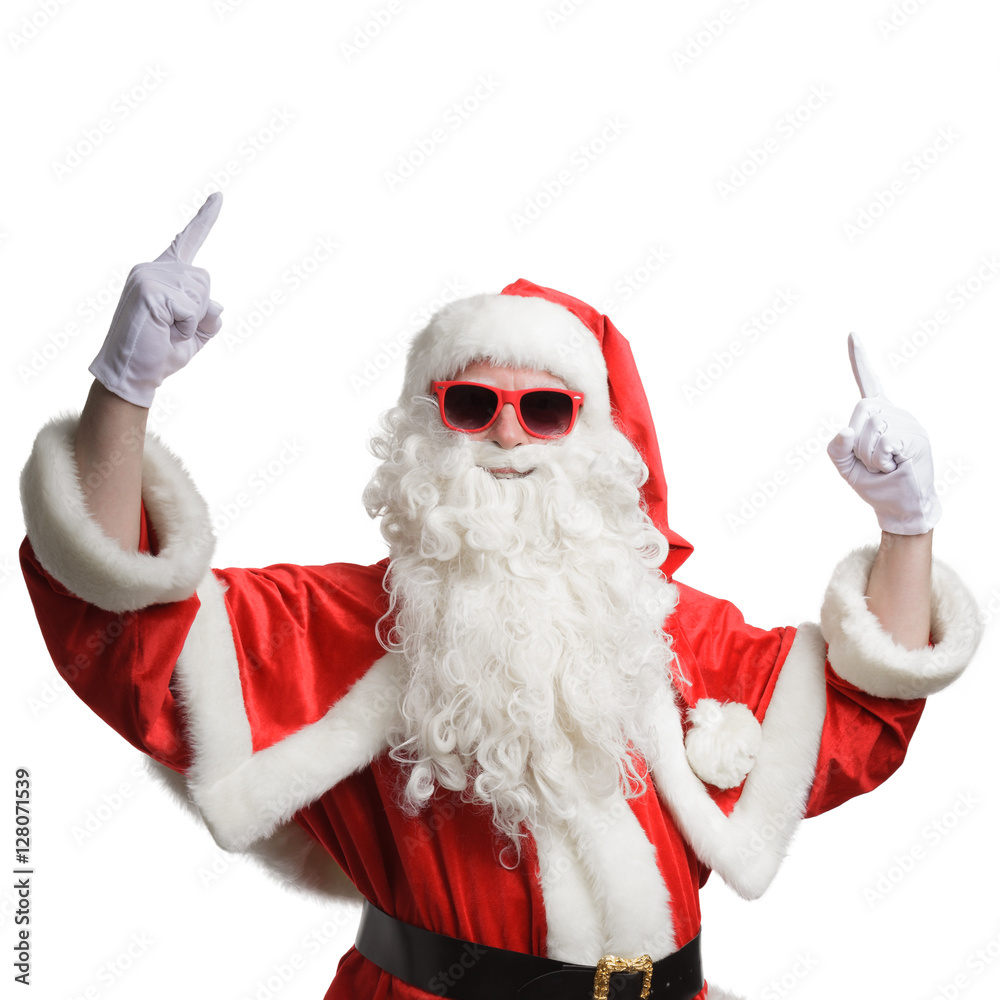 Happy Santa Claus pointing up with his fingers Stock Photo | Adobe Stock
