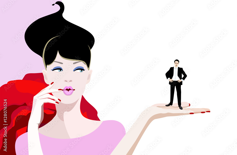 Abstract illustration woman thinking, holding in her hand man ...