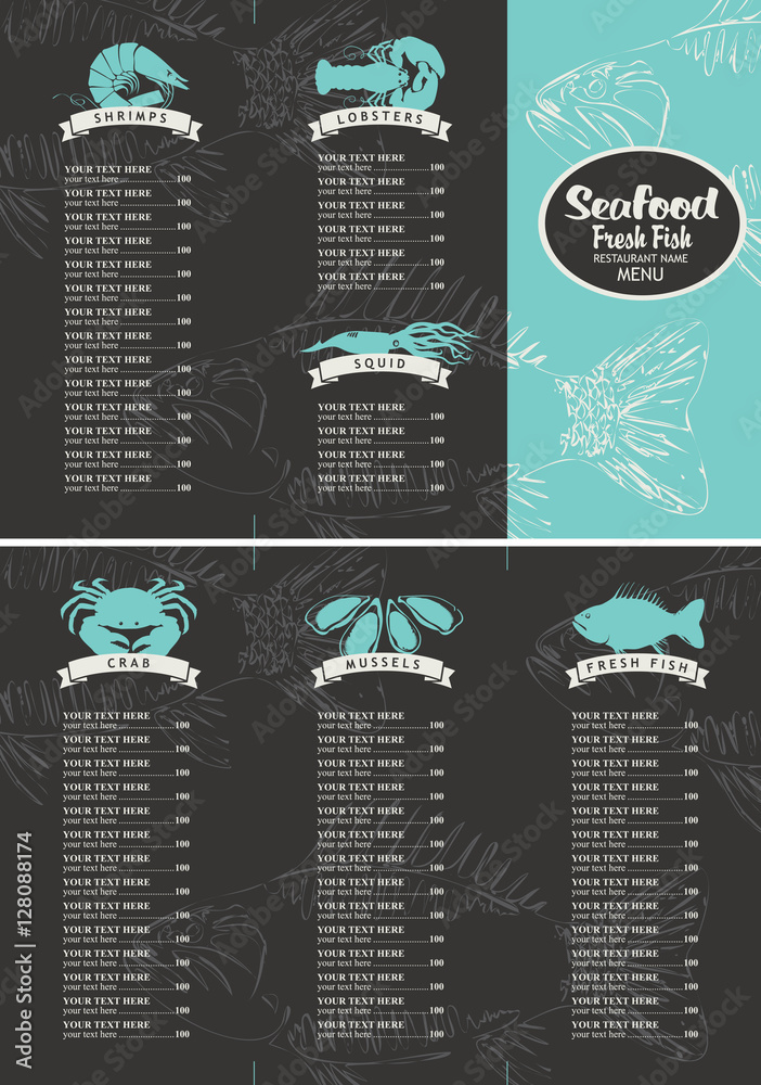 booklet menu with price list for a seafood restaurant with a picture of ...