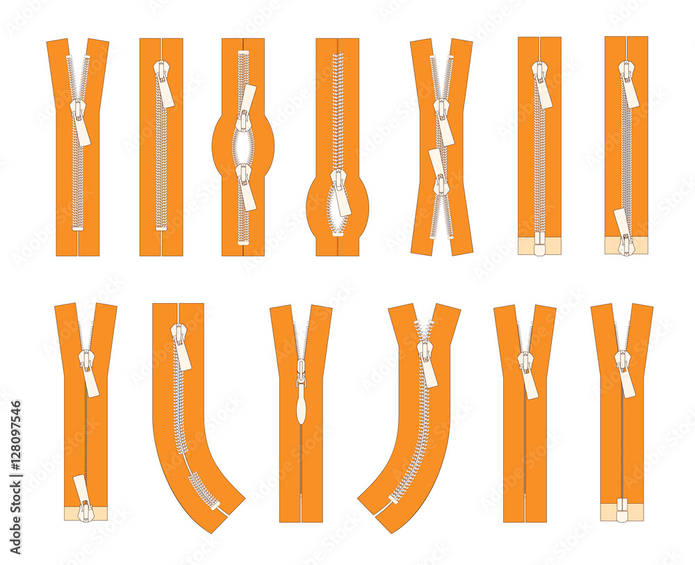 Vector set of zippers and fastener. Schematic isolated illustration of ...