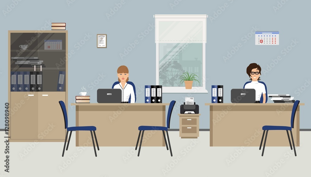 Web banner of two office workers. Two young women are employees at work ...