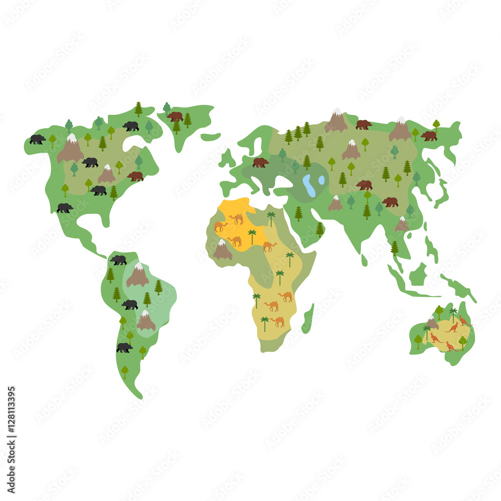 Map of earth animals isolated. Continents and beast. geography F Stock ...