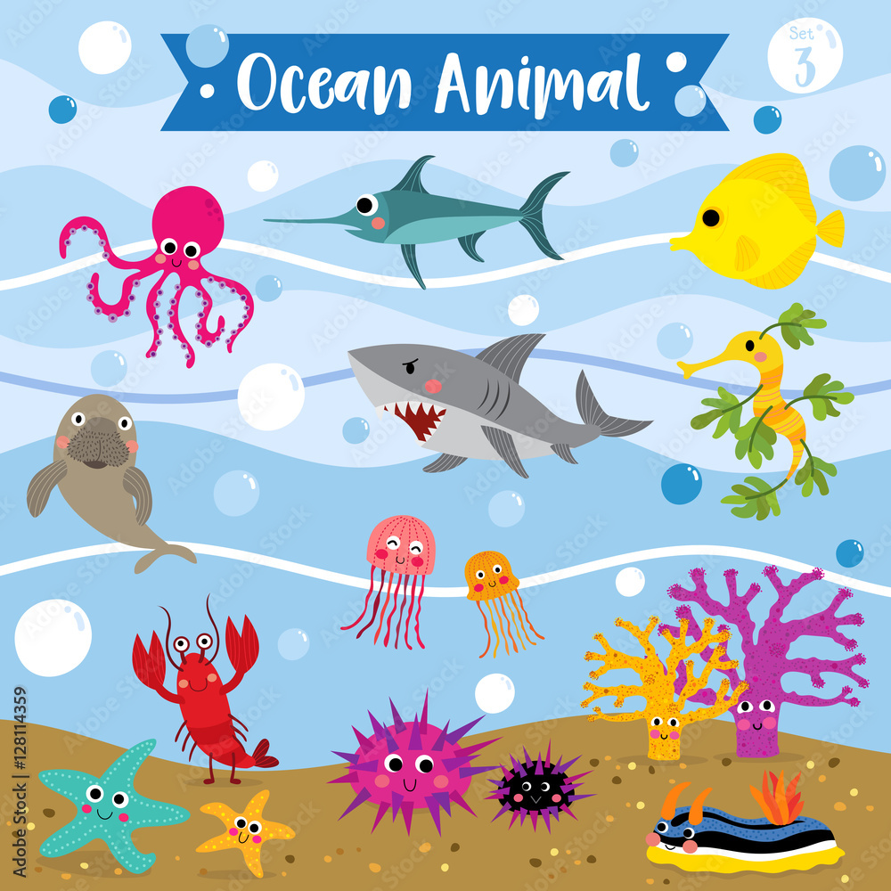 Ocean Animal cartoon underwater background. Lobster. Starfish. Octopus ...