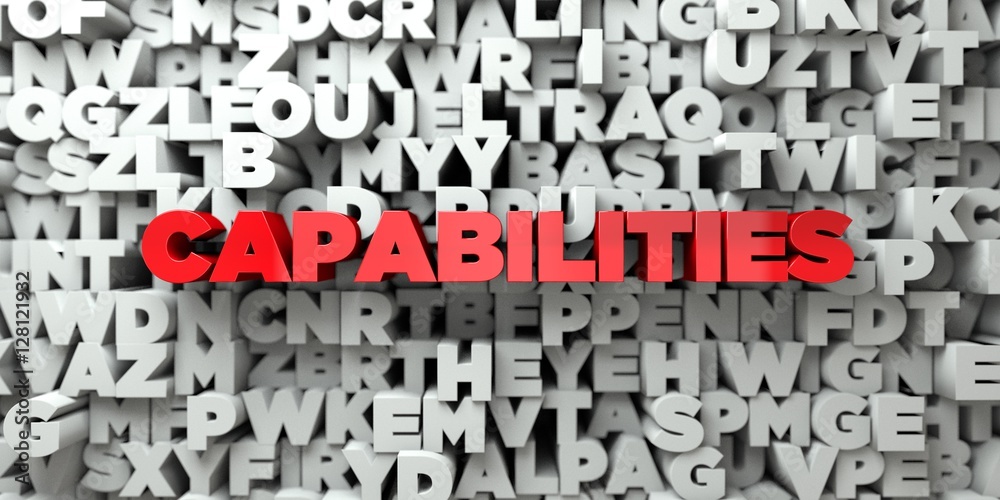 CAPABILITIES - Red text on typography background - 3D rendered royalty ...