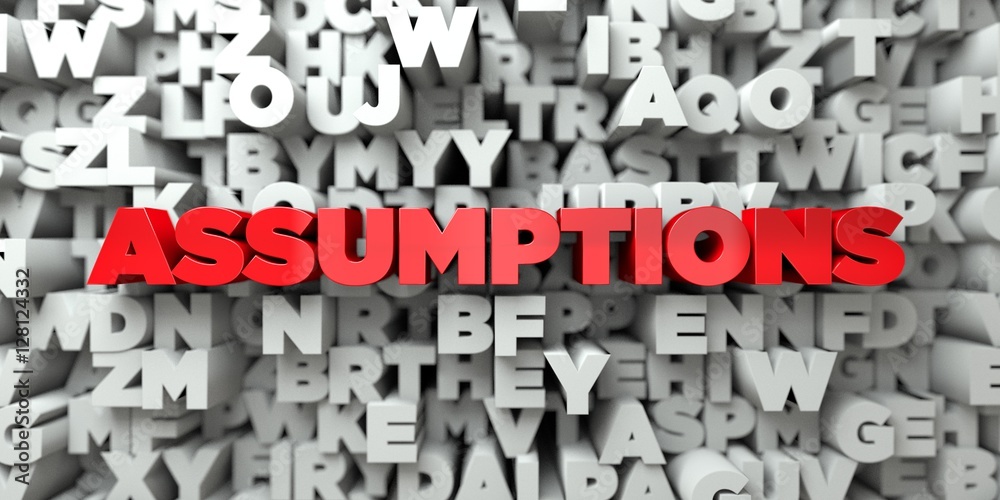 ASSUMPTIONS - Red text on typography background - 3D rendered royalty ...