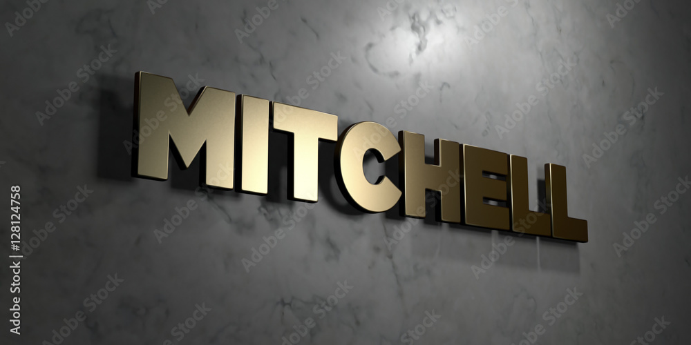 Mitchell - Gold sign mounted on glossy marble wall - 3D rendered ...
