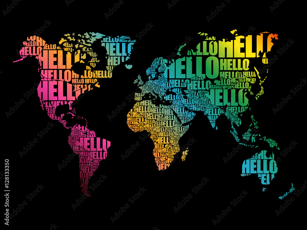 HELLO Word Cloud World Map in Typography, background concept Stock ...