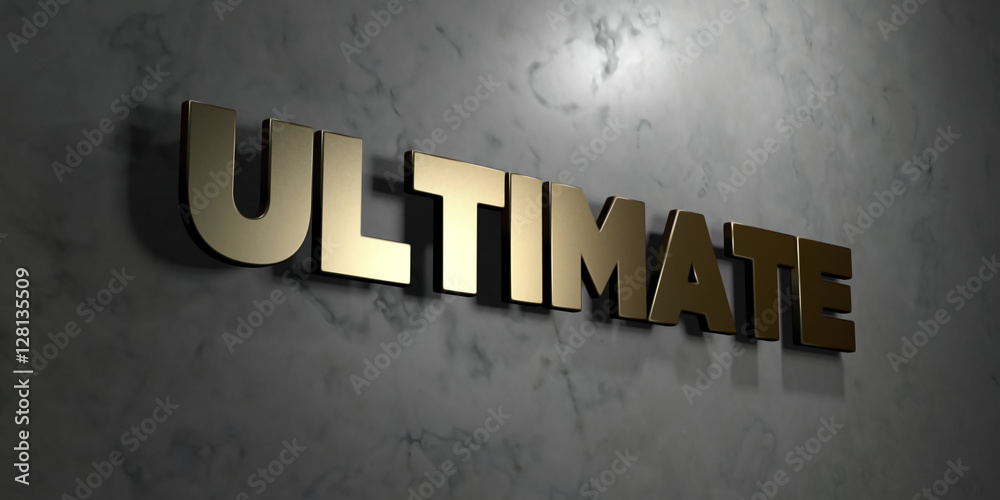 Ultimate - Gold sign mounted on glossy marble wall - 3D rendered ...
