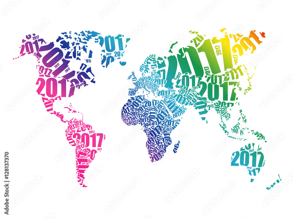 2017 Happy New Year, World Map in Typography word cloud collage concept ...