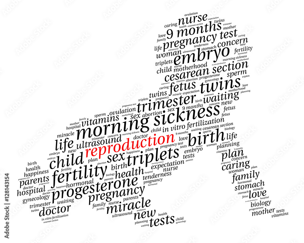 Reproduction. Word cloud, baby silhouette, italic font, white ...