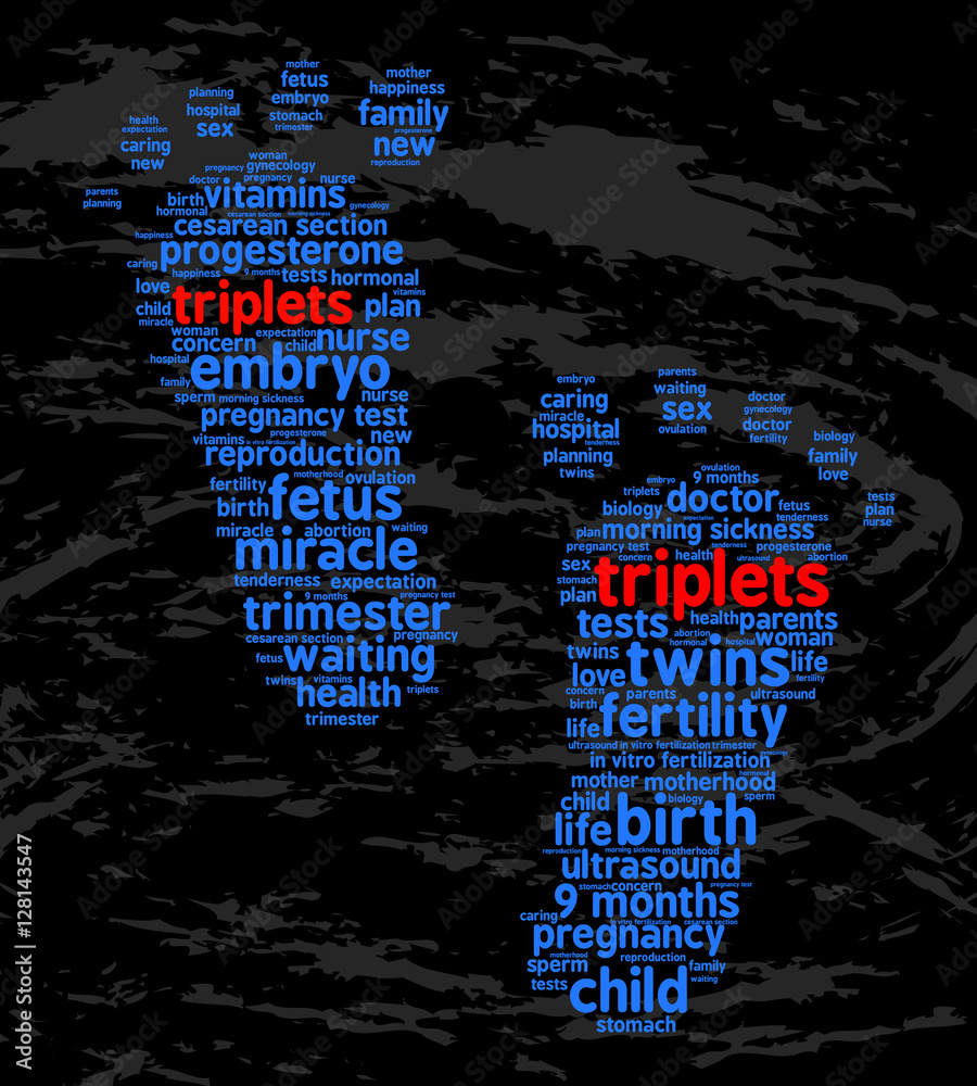 Triplets. Word cloud, trace feet, grunge background. The miracle of ...