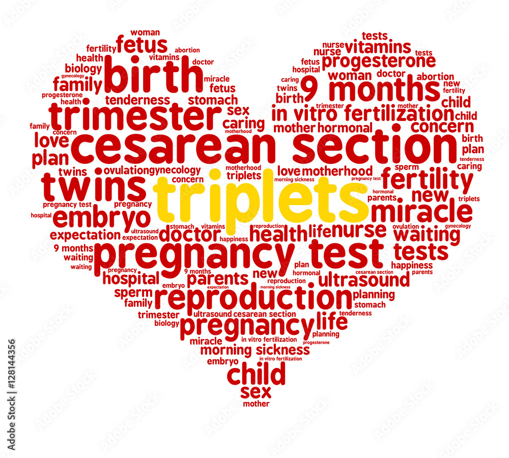 Triplets. Word cloud, red heart, white background. The miracle of birth ...