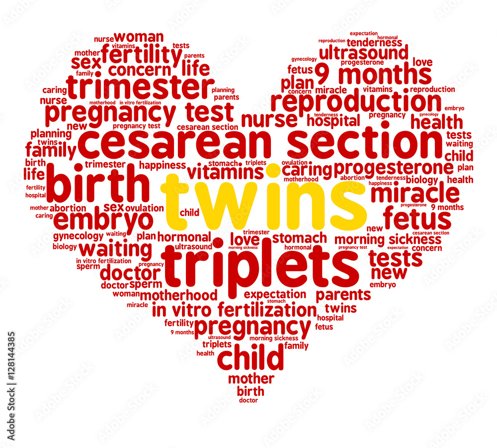 Twins. Word cloud, red heart, white background. The miracle of birth ...
