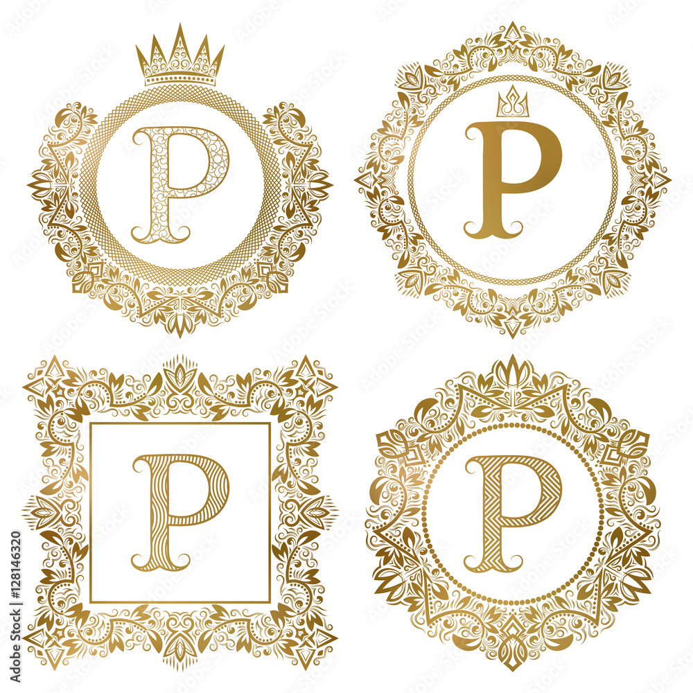 Golden letter P vintage monograms set. Heraldic coats of arms, round ...