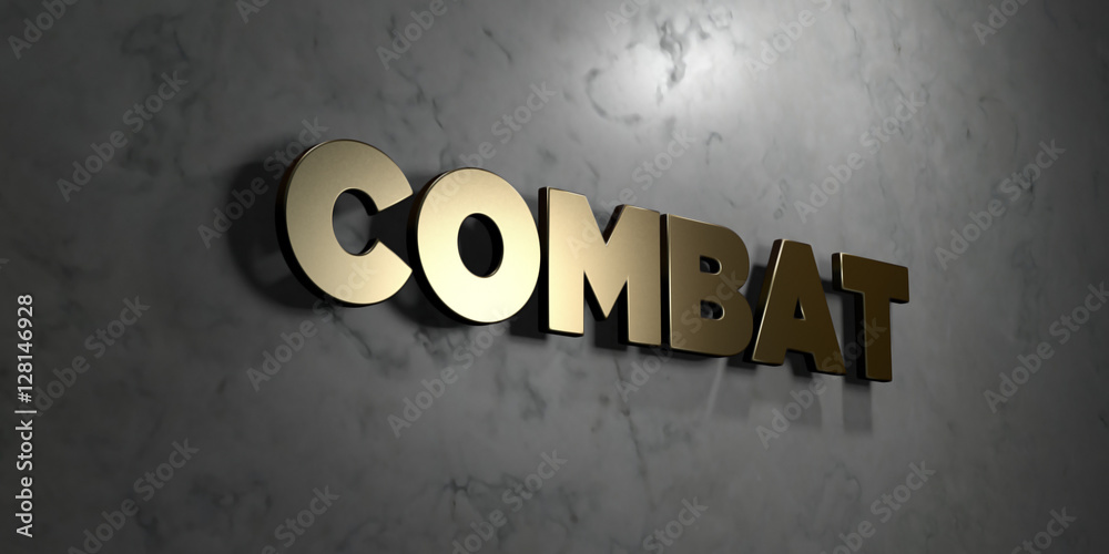 Combat - Gold sign mounted on glossy marble wall - 3D rendered royalty ...