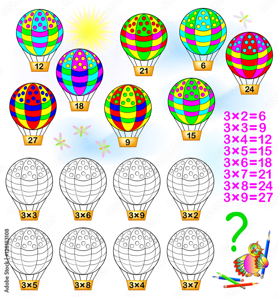 Exercise for children with multiplication by three. Solve examples and ...