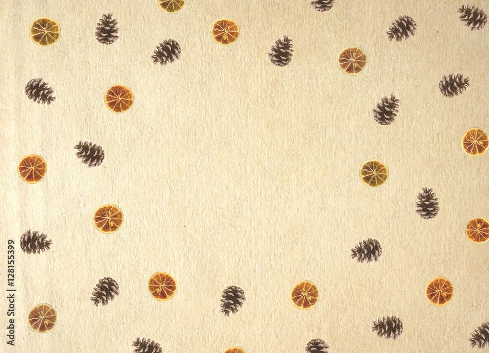 Pattern from cones and slices of citrus on aged paper background. Stock ...