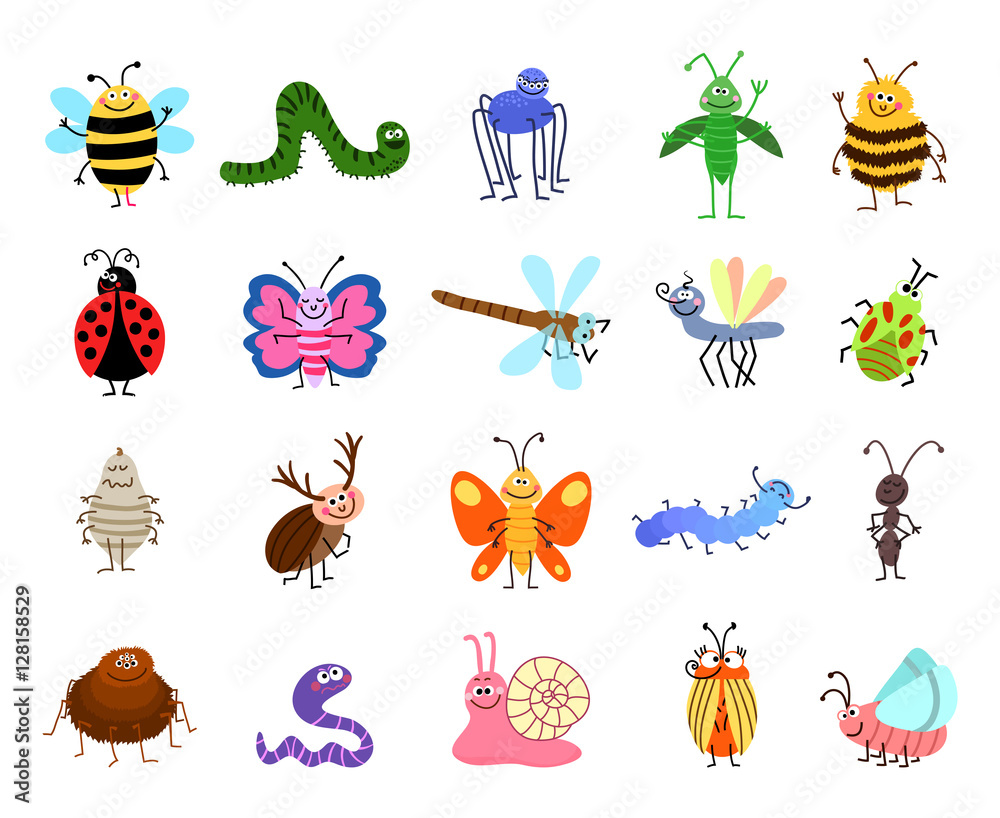 Funny bugs. Vector cute insects isolated on white background Stock ベクター | Adobe Stock