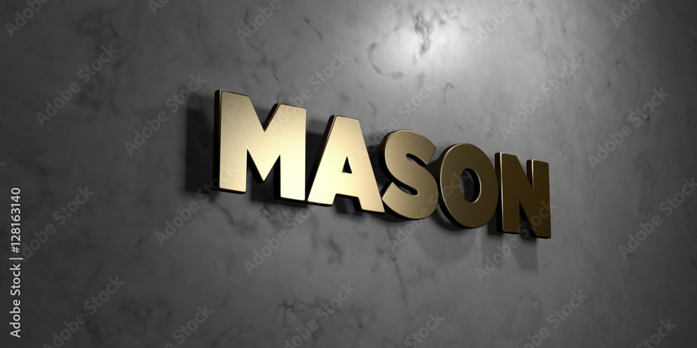 Mason - Gold sign mounted on glossy marble wall - 3D rendered royalty ...