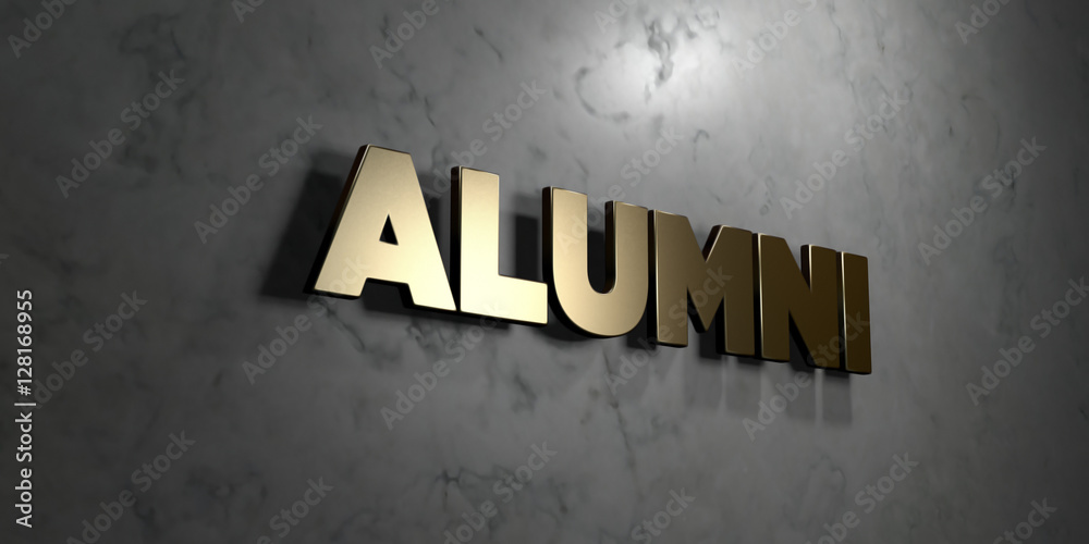 Alumni - Gold sign mounted on glossy marble wall - 3D rendered royalty ...