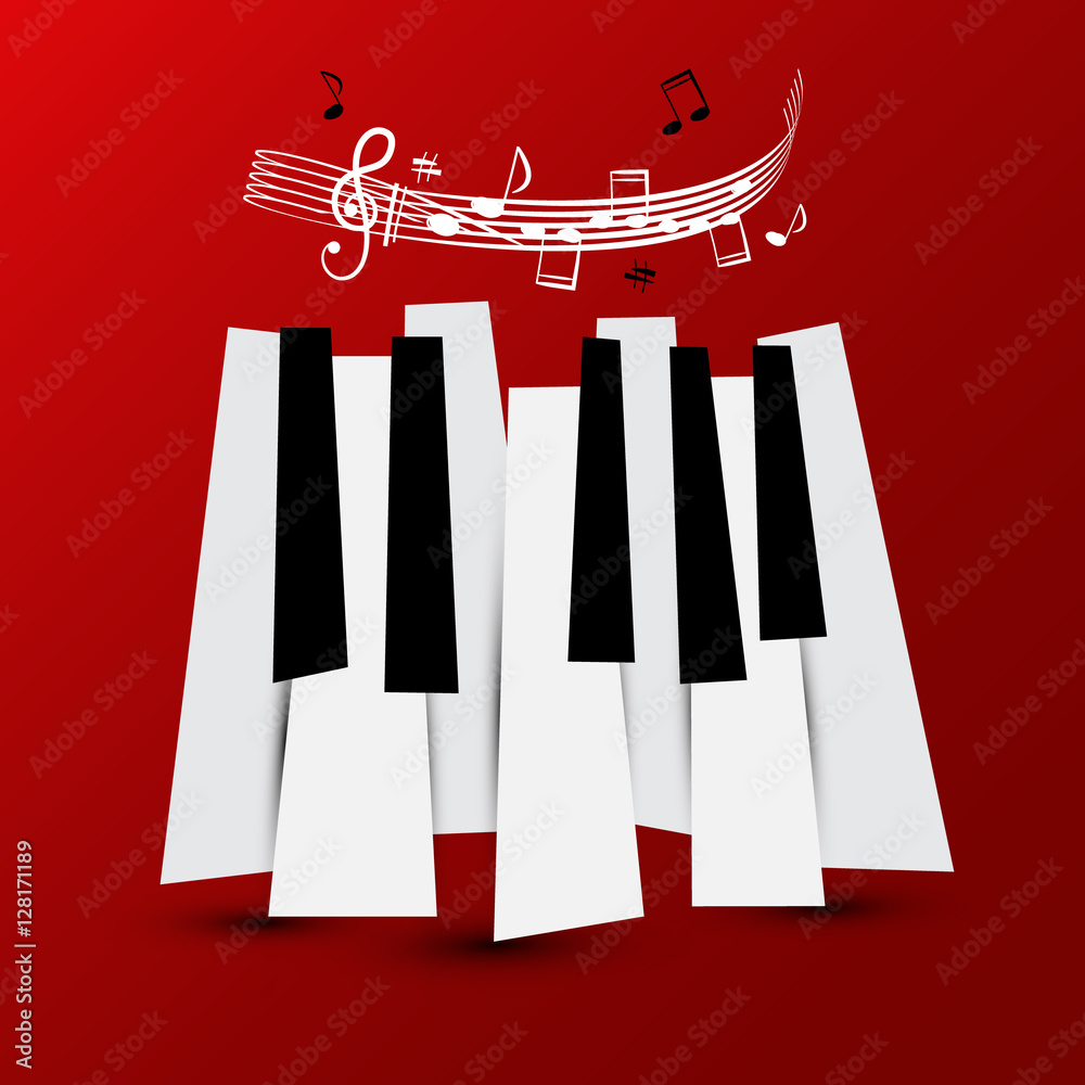 Music Symbol. Vector Piano Keys with Staff and Notes. Keyboard on Red ...