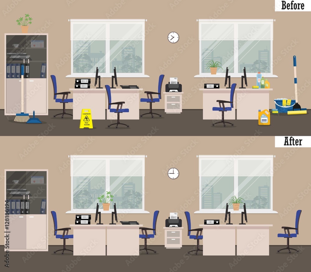 Office before and after cleaning. There is a room in beige colors and ...