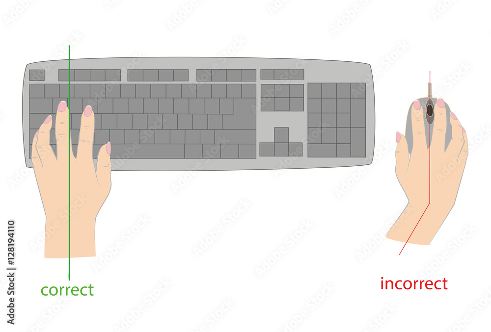 the correct position of the hands to work on the keyboard and mouse ...