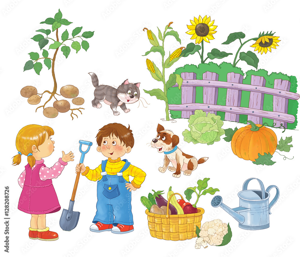 In the garden. A small set of vegetables. Funny cartoon characters ...