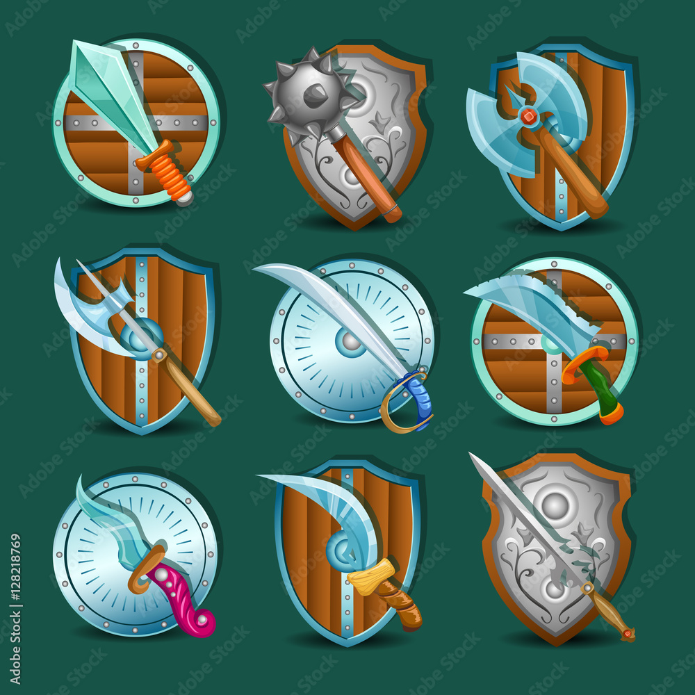 Medieval Weapon And Shields Set Stock Vector | Adobe Stock