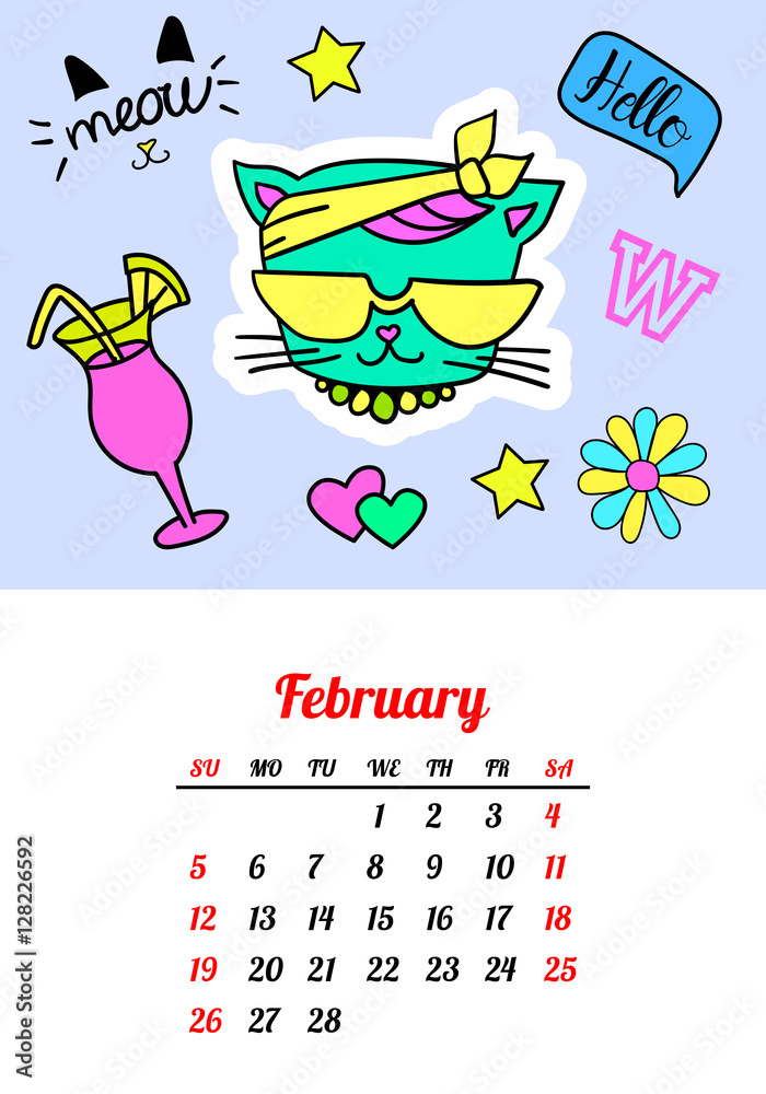 Calendar 2017 In cartoon 80s-90s comic style fashion patches, pins and ...