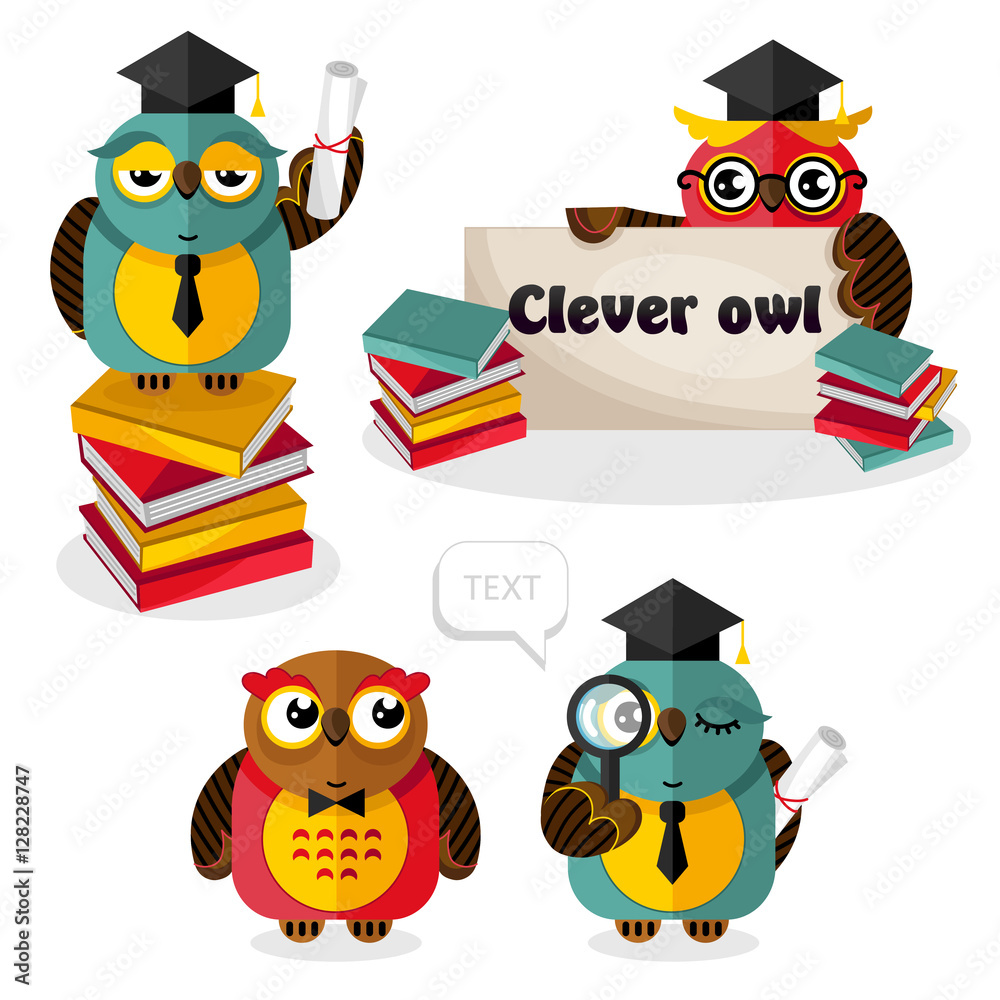 Clever owl cartoon character isolated set Stock Vector | Adobe Stock