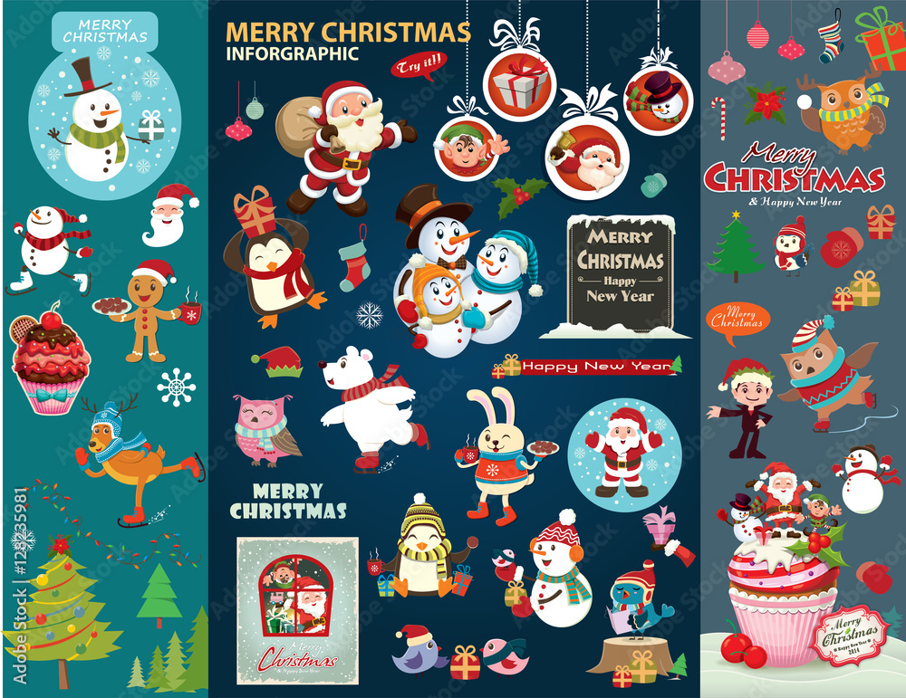 Vintage Christmas poster design with Christmas characters. Stock Vector ...