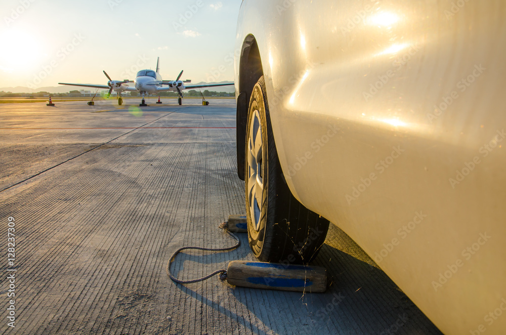 Car or Vehicle Wheel Chock for Pause Aeroplane Safety in The Airport ...