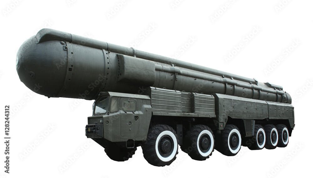 Mobile launcher of intercontinental ballistic missile on white ...