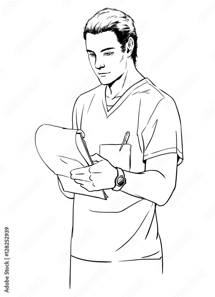 Sketch illustration of young man doctor or a surgeon, isolated on white ...
