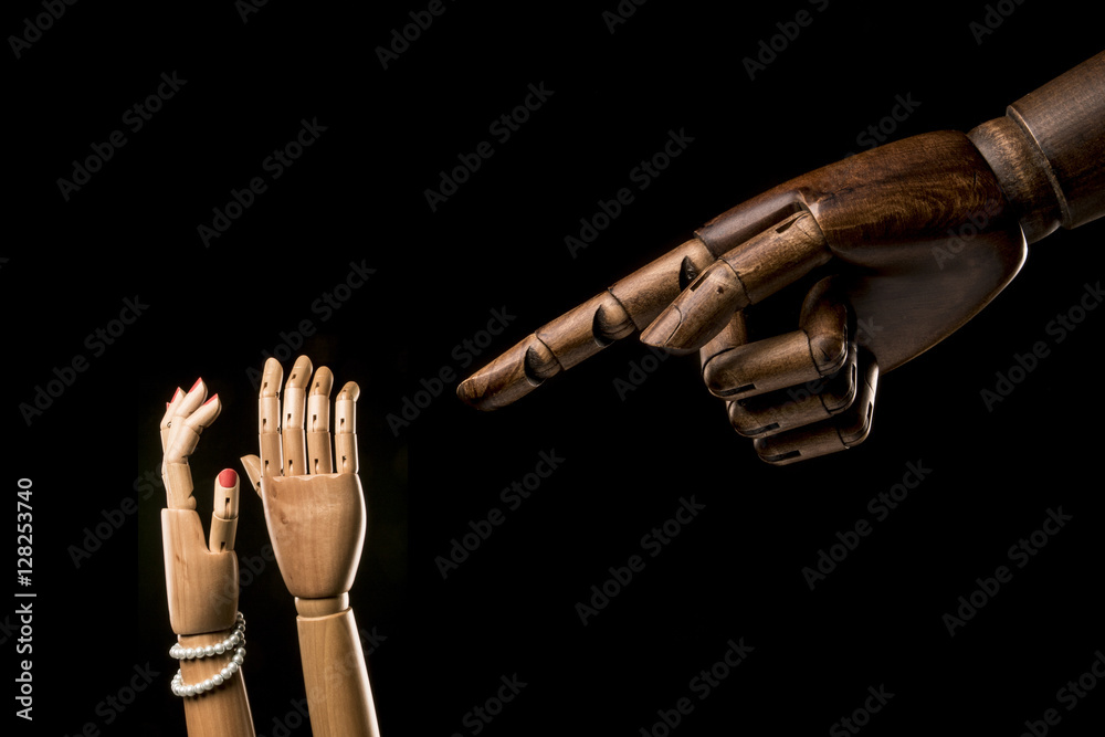 In Heaven, finger of god pointing Adam and Eva. Isolated on black ...